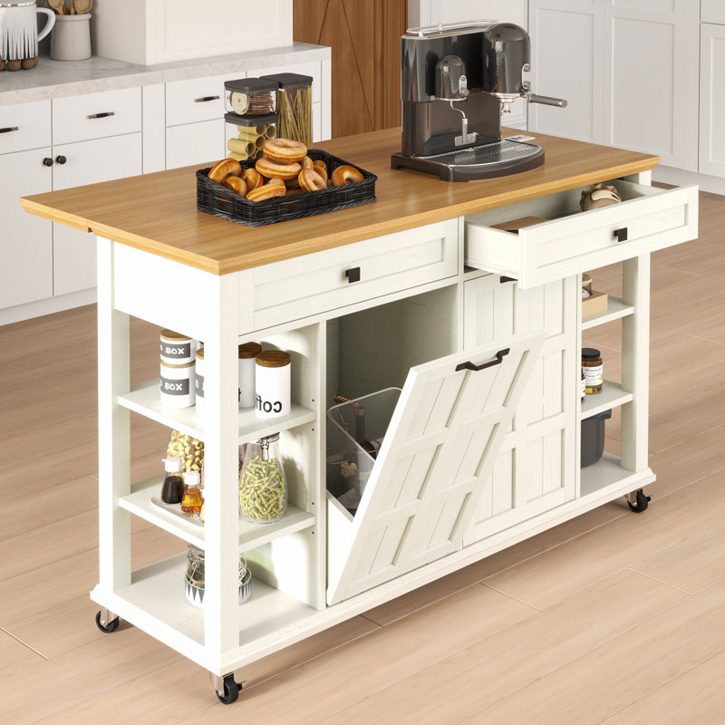 Lark Manor™ Kitchen Island With Power Outlet, Drop Leaf & Trash Can Storage On Wheels | Wayfair